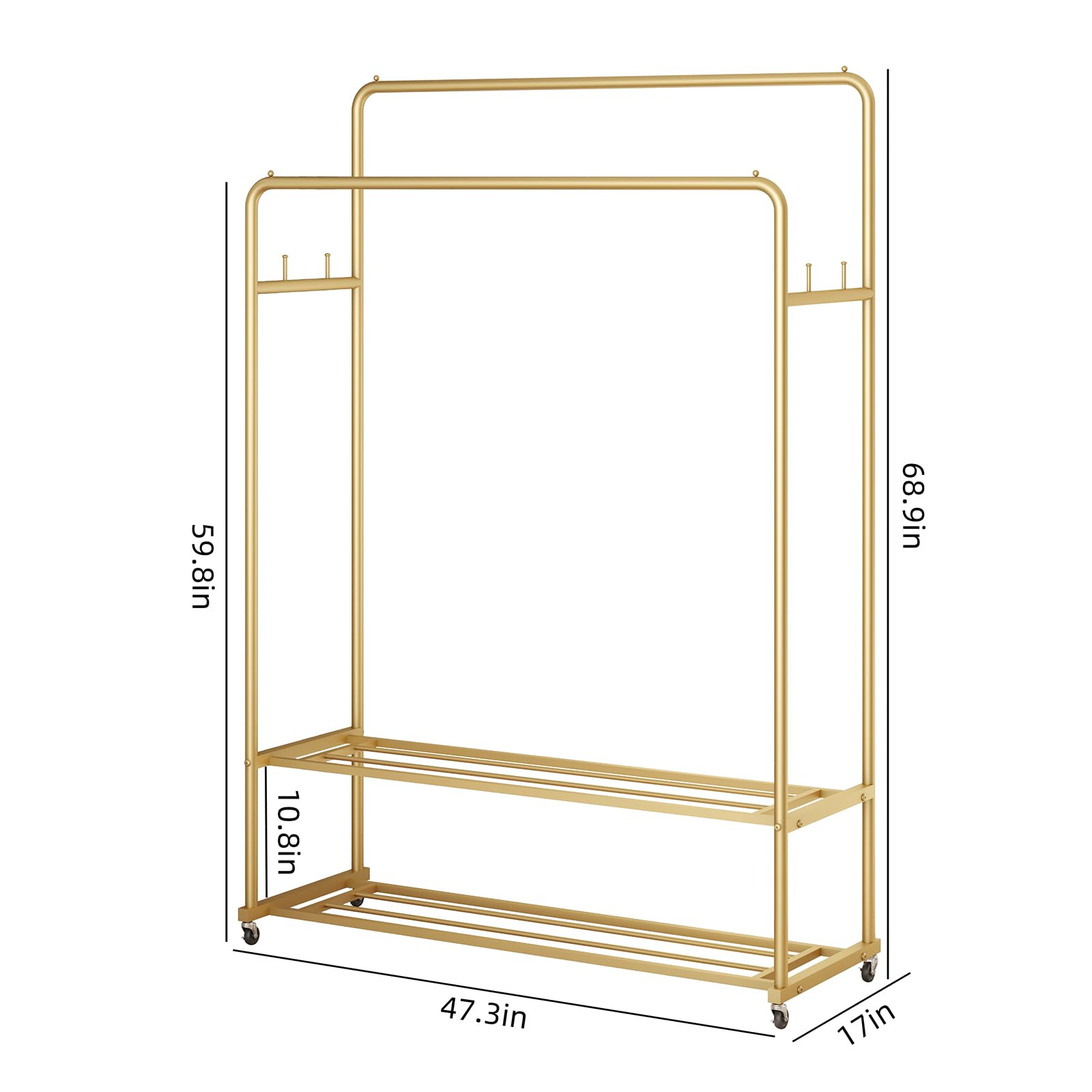 Snapklik.com : Double Rod Rolling Gold Clothing Garment Rack, Metal ...