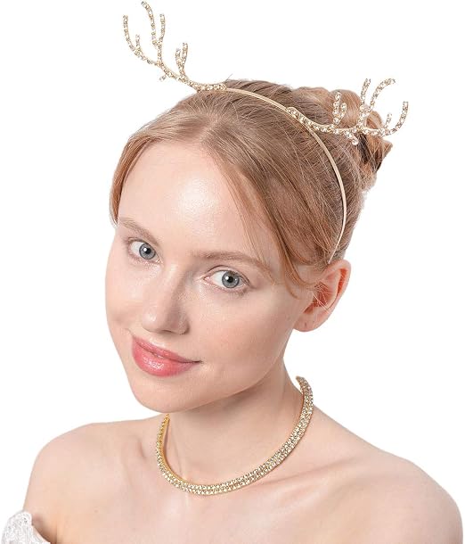 Amazon.com: Santfe Gold Rhinestone Reindeer Antlers Headband ...