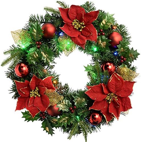 WeRChristmas Pre-Lit Decorated Wreath Illuminated with 20 Cool White ...