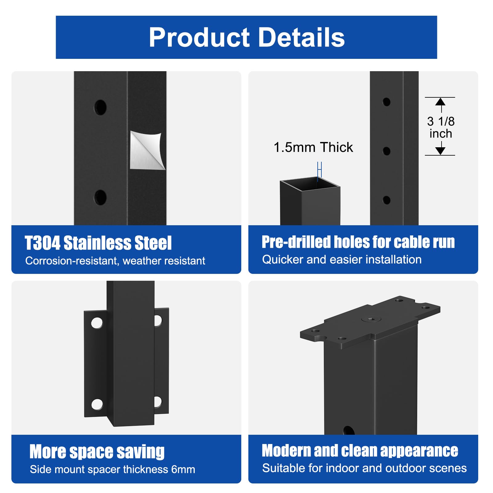 Snapklik.com : 36" Side Mount Cable Railing Posts, Stainless Steel ...