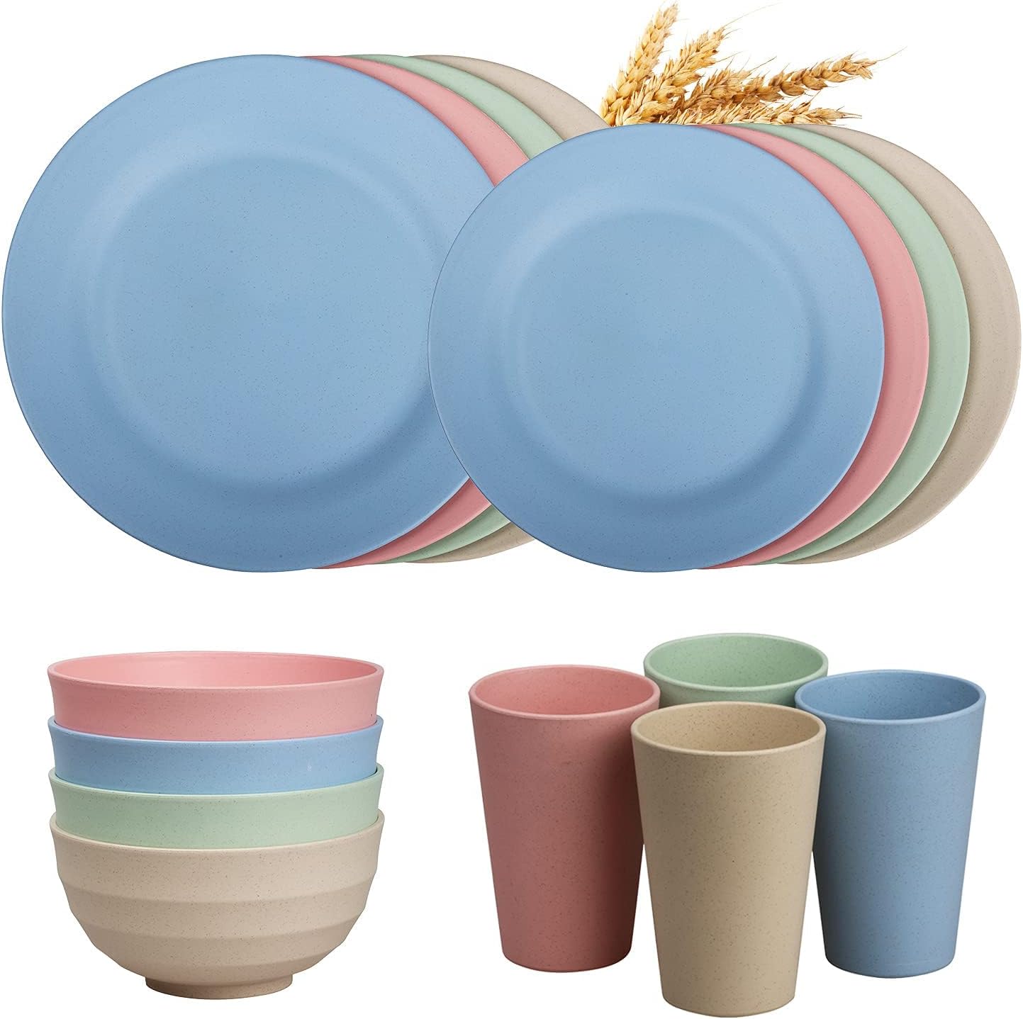 Amazon.com | Wheat Straw Dinnerware Sets of 4 - Unbreakable Cups ...