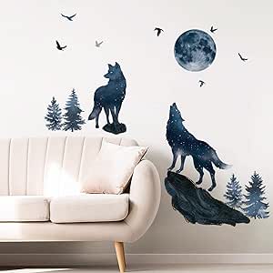 Amazon.com: wondever Wolf and Moon Wall Stickers Wolves Mountain Peel ...