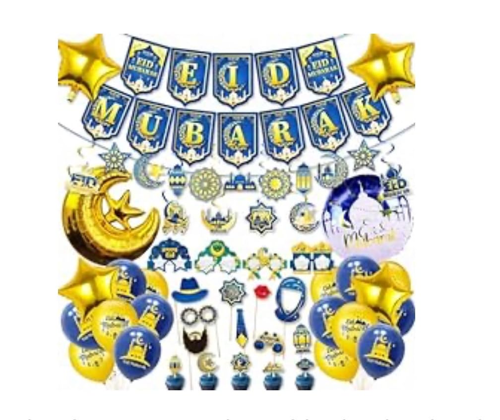 Eid Mubarak Decoration, Blue Gold Eid Mubarak Foil Balloon Banner and ...