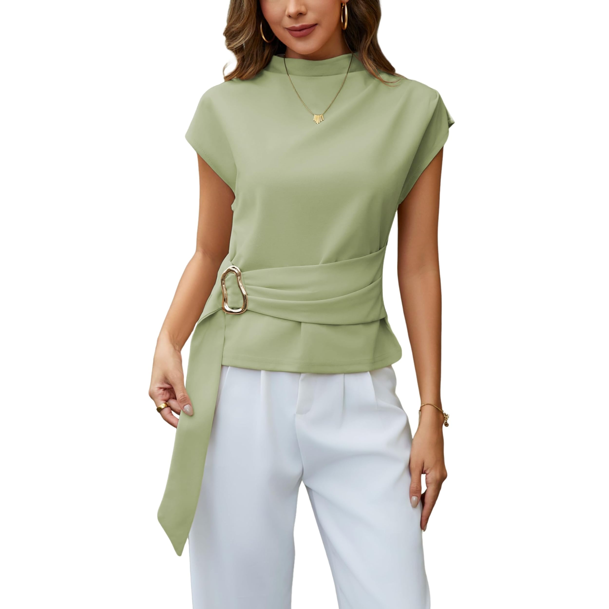 Snapklik.com : Yeokou Women Buckle Tie Top Stand Collar Belted Short ...