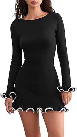 Women Knit Mini Dress Long Sleeve Ruffle Hem Slim Bodycon Sweater Short ...