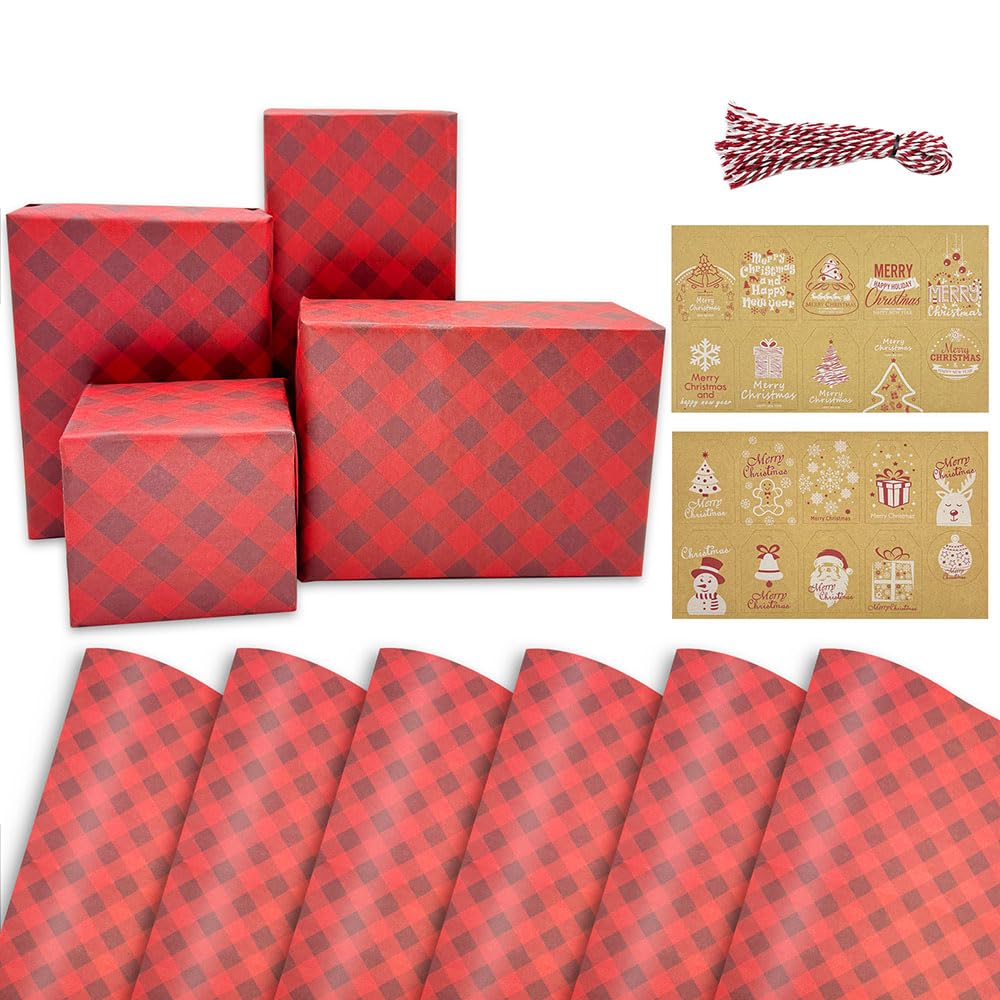 Christmas Wrapping Paper for Gift Wrapping - 6 Sheets Red Xmas Gift ...