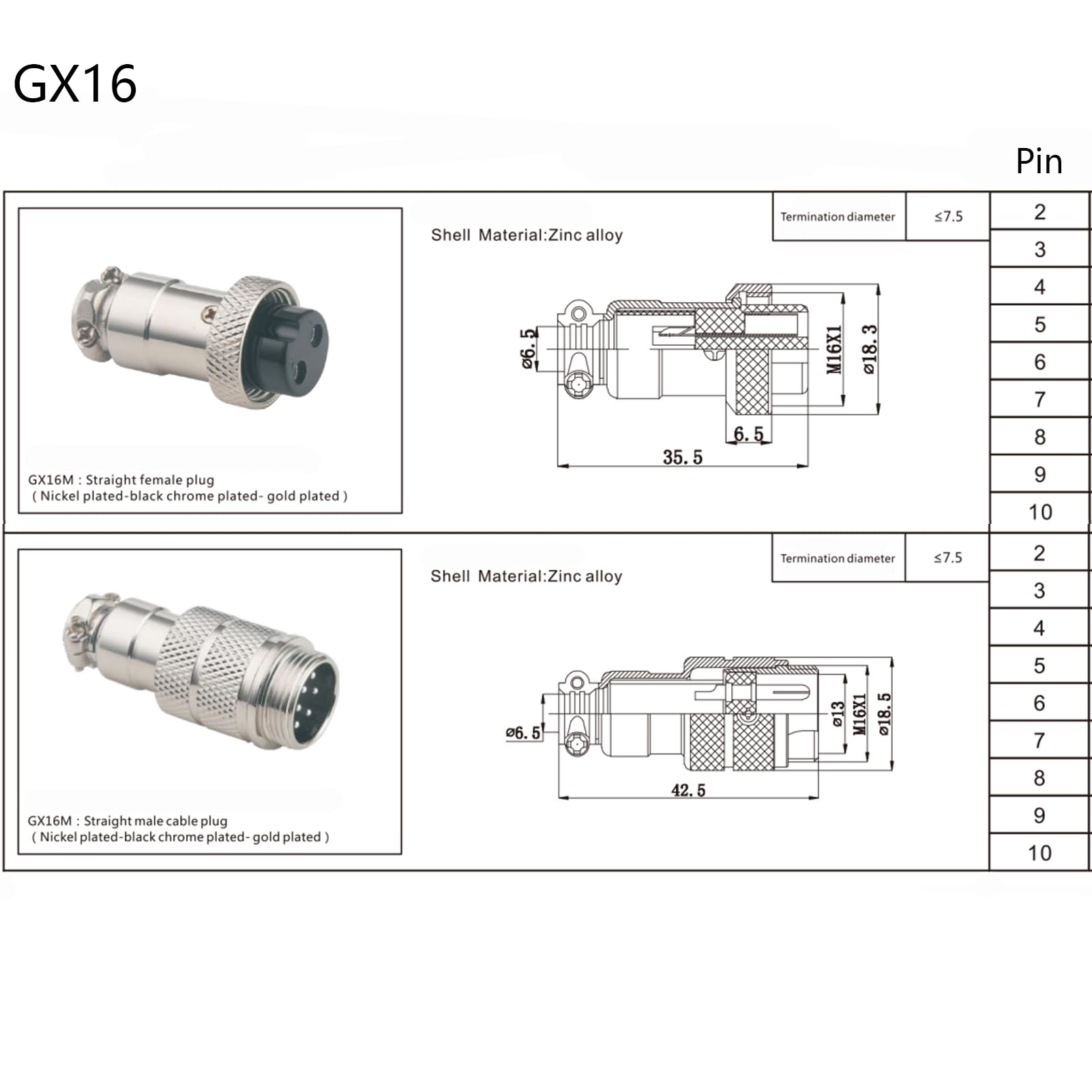 Aviation GX16 5 Pin Connector 3 Hole Flange Mount Connector Male Female ...