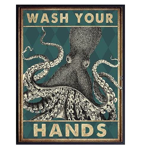 Amazon.com: nautical Bathroom Wall Art 11x14 - Beach Coastal Octopus ...