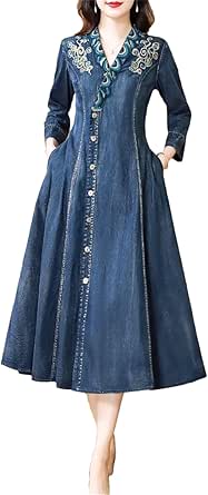 Bollrllr Women Mid-Calf Buttons Dress Denim Chinese Style Dress V-Neck ...