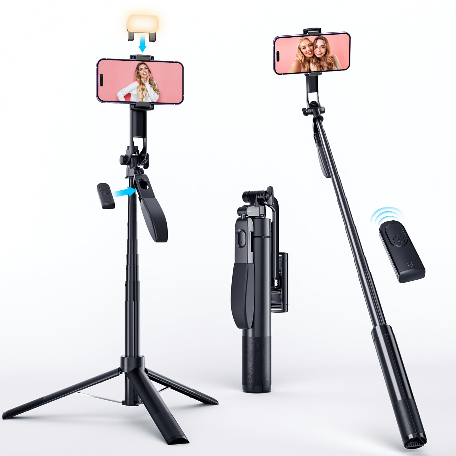 Marchpower 170cm Selfie Stick Stativ mit Fülllicht, 360° Drehbar 4 in 1 ...