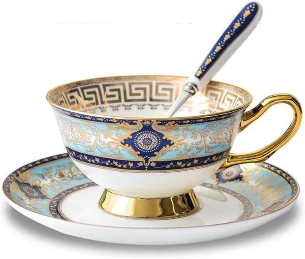 Amazon.com | ufengke 8oz Blue Fine Bone China Coffee Cup with Saucer ...