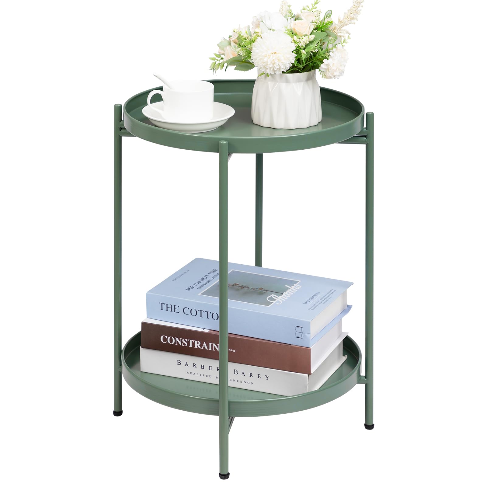 HollyHOME Round Side Table Coffee Table, 2-Tier Tray Metal End Table ...