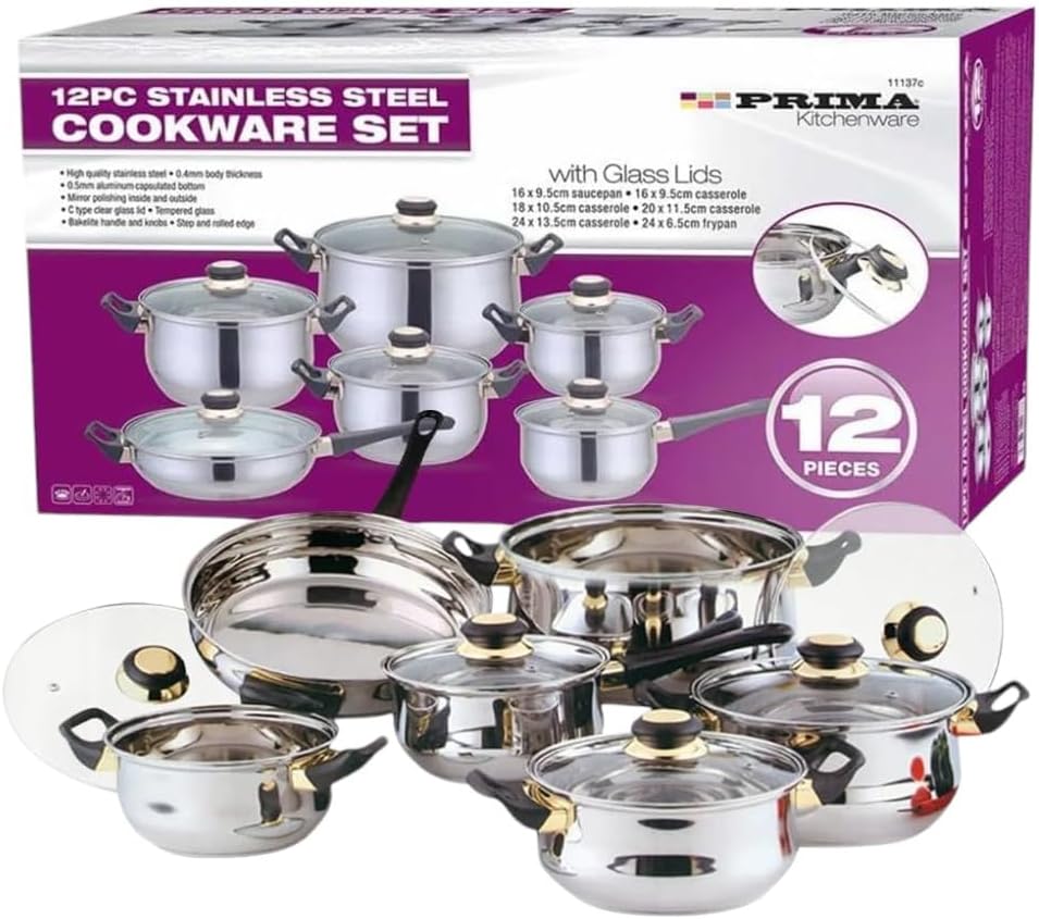 HomeVibe 12-Piece Stainless Steel Cookware Set - Includes Saucepans ...