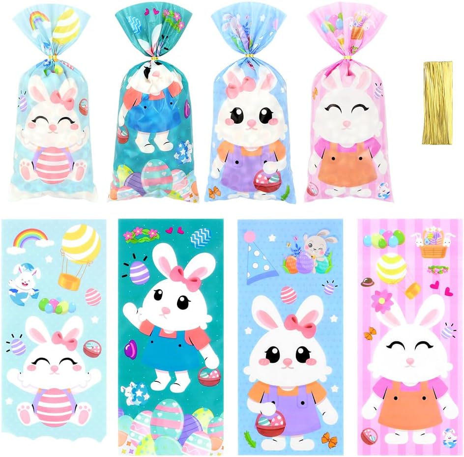 Amazon.com: 100 PCS Rabbit Cellophane Treat Bags,Cute Easter Bunny ...