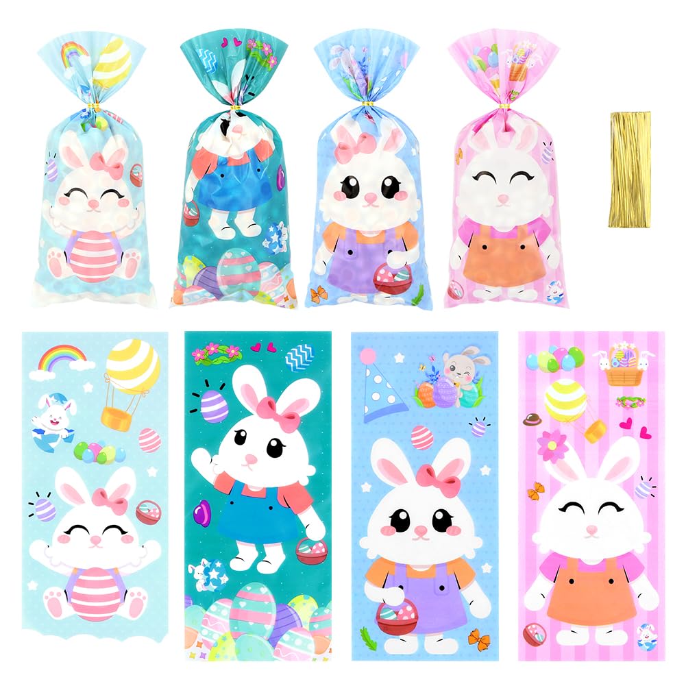 Amazon.com: 100 PCS Rabbit Cellophane Treat Bags,Cute Easter Bunny ...