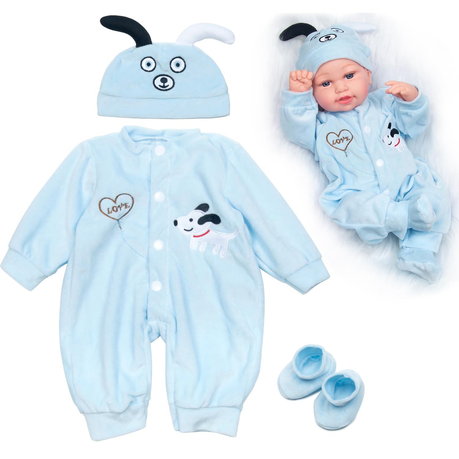 Amazon.com: Reborn Baby Doll Clothes Blue Puppy 3 Pcs Set for 17-20 ...