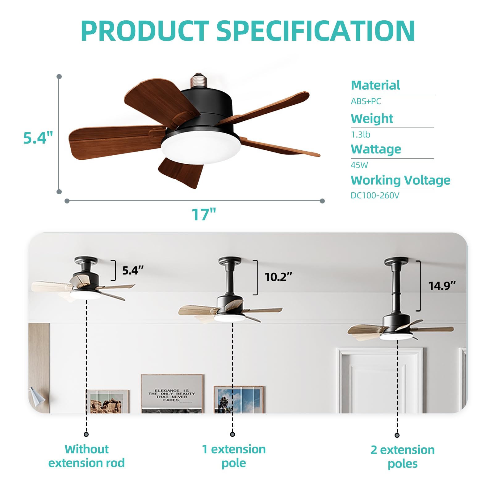 17" Socket Fan Light with Remote and 2 Socket Extenders, 2 Sets of 5 ...