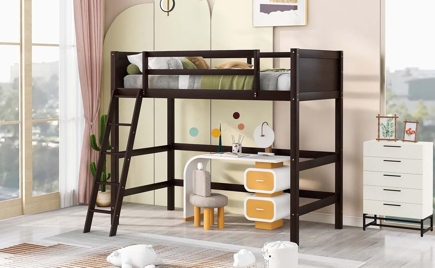 Amazon.com: Twin Size Wood Duplex Loft Bed with Safety Fence and Sloped ...