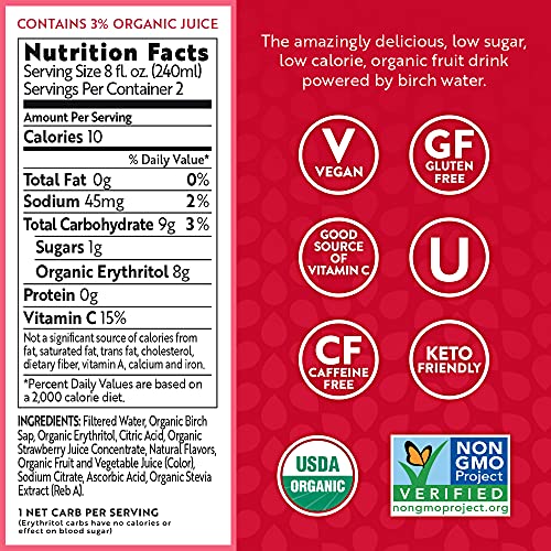 Treo Fruit & Birch Water Drink, Strawberry, USDA Organic, Non-GMO ...