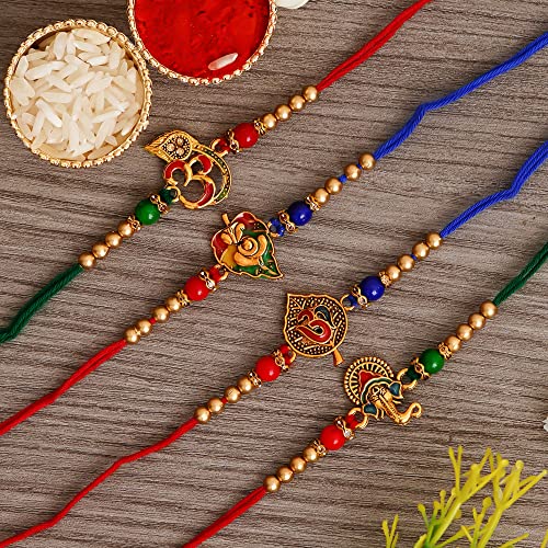 Buy eCraftIndia Pack of 4 Religious Rakhis and Roli Chawal Pack D1231 ...