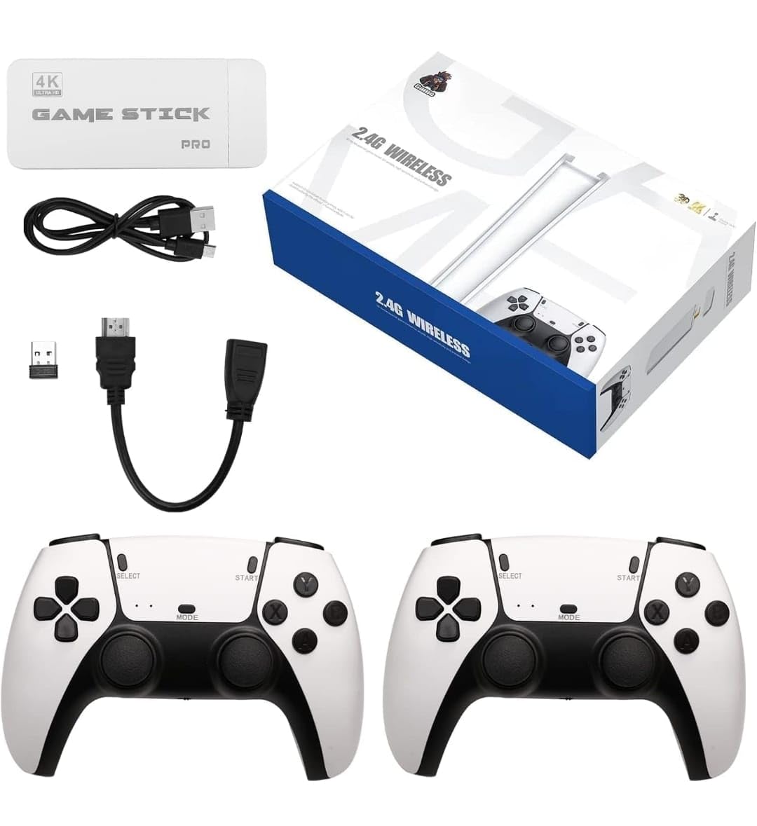 4K Game Stick Pro Wireless Gaming Console with 2 White Controllers, 2 ...