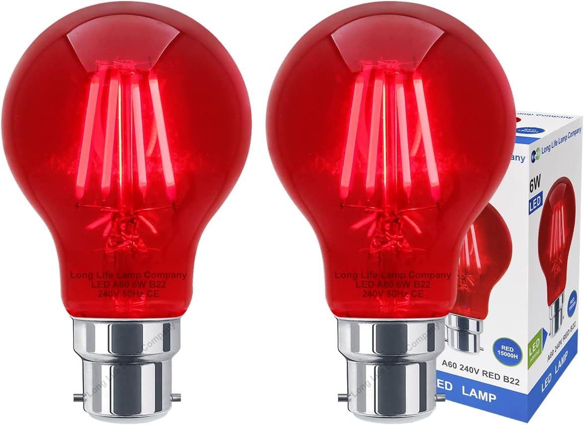 Long Life Lamp Company 2 x 6w LED RED Light Bulb B22 Bayonet BC Red ...