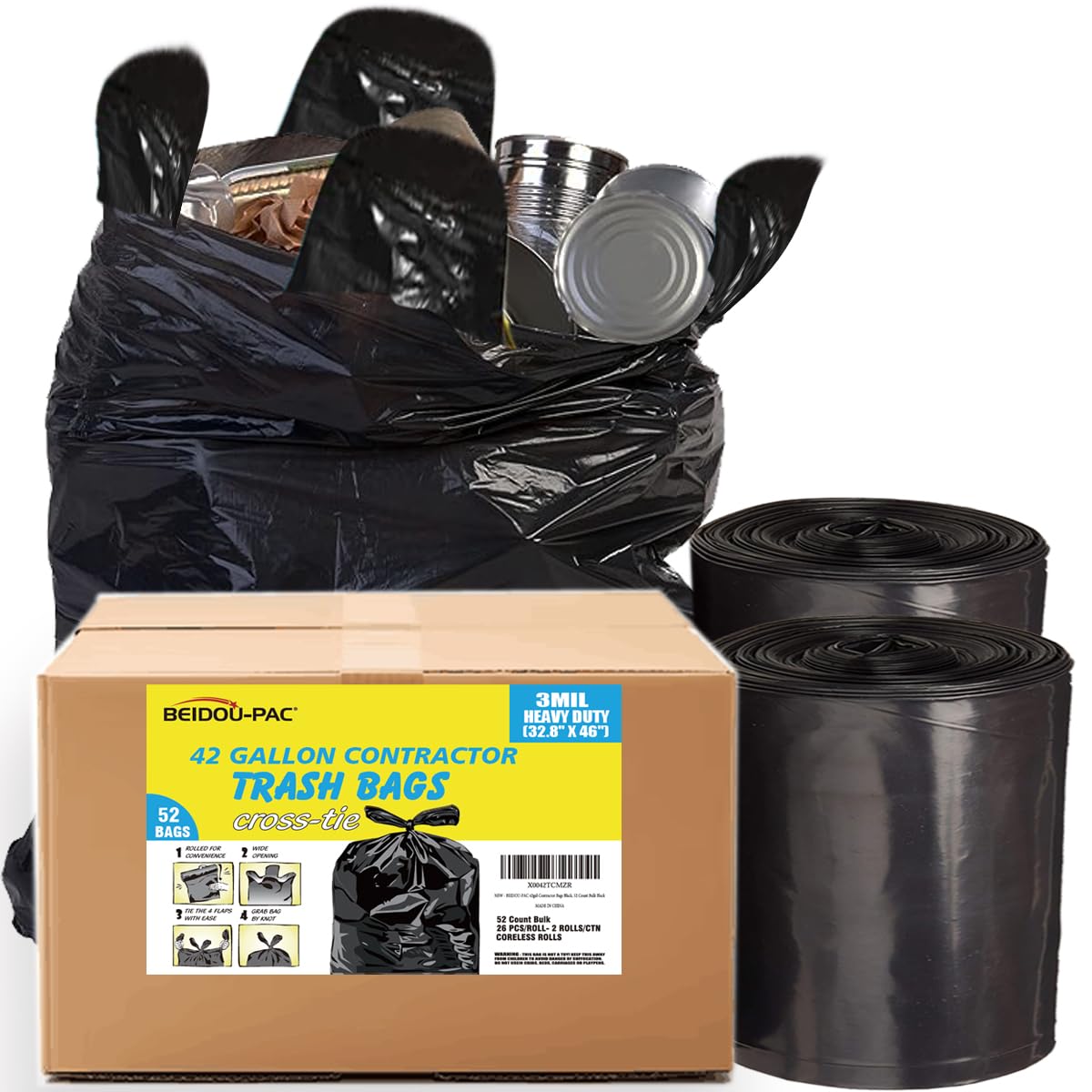 Amazon.com: BEIDOU-PAC Contractor Heavy Duty Trash Bags 42 Gallon | 52 ...