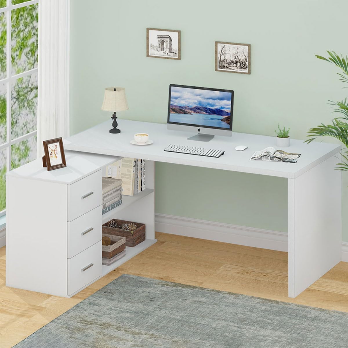 Amazon.com: 4 EVER WINNER L Shaped Desk with Drawers and Storage Hutch ...