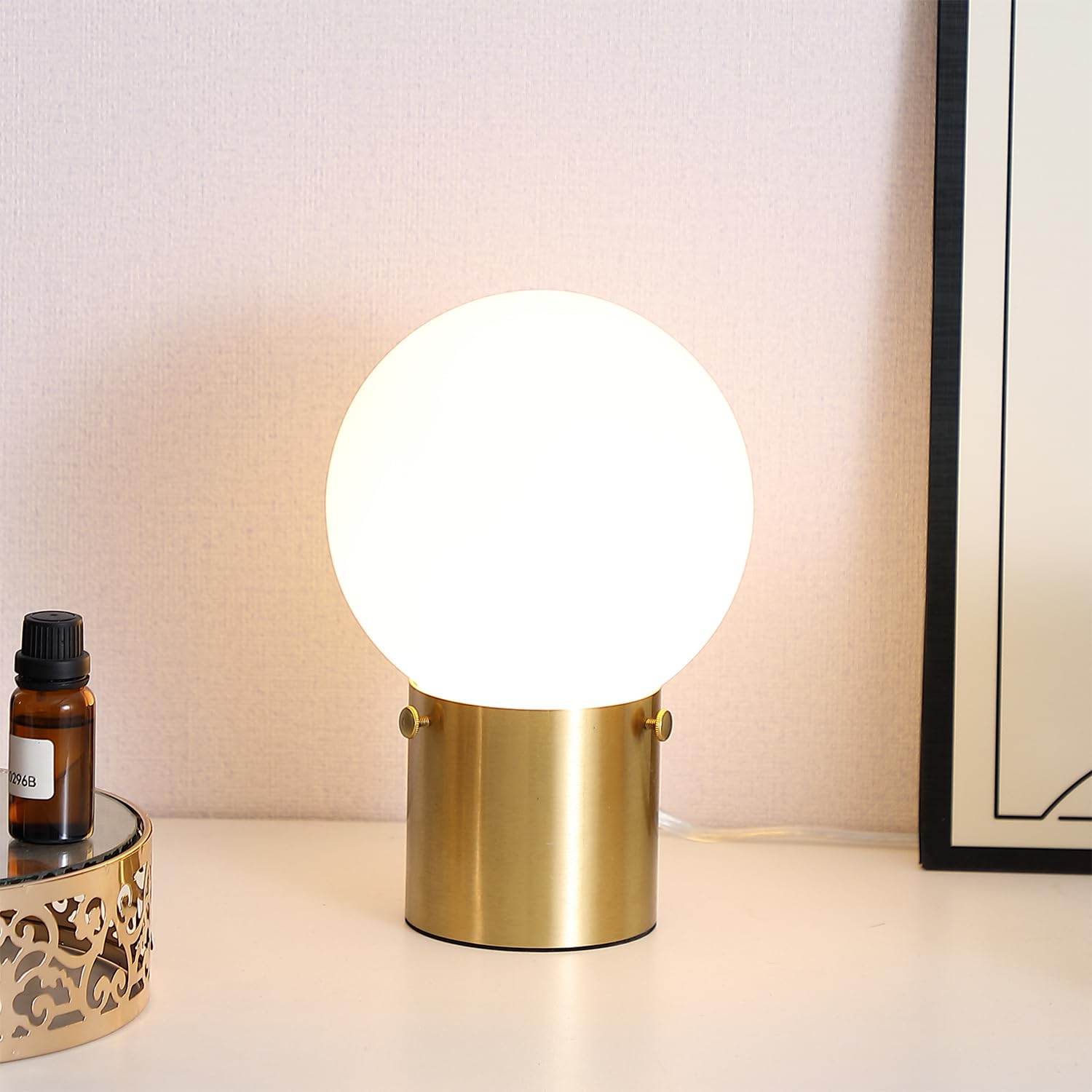 Gold Table Lamp for Nightstand with Frosted Glass Globe Lamp Shade, Mid ...