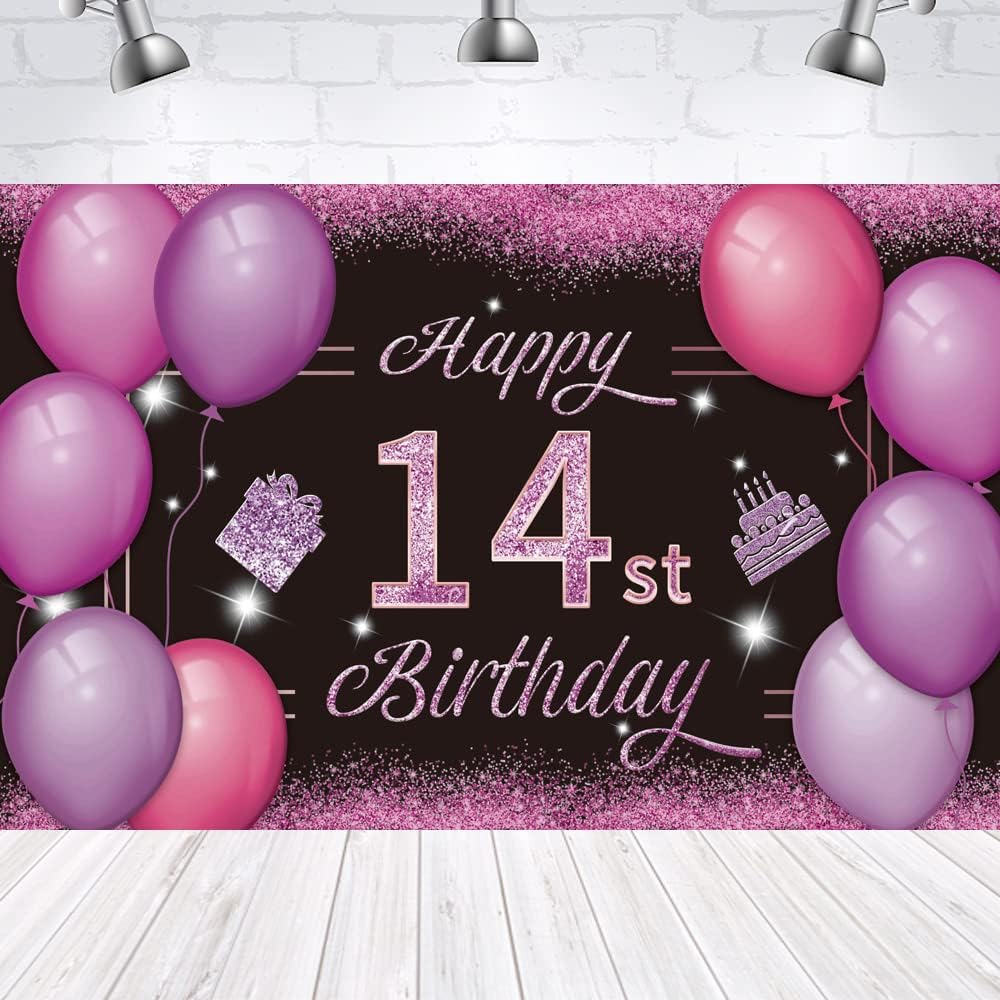 Happy 14st Birthday Backdrop Banner Pink Purple 14th Sign Poster 14 ...