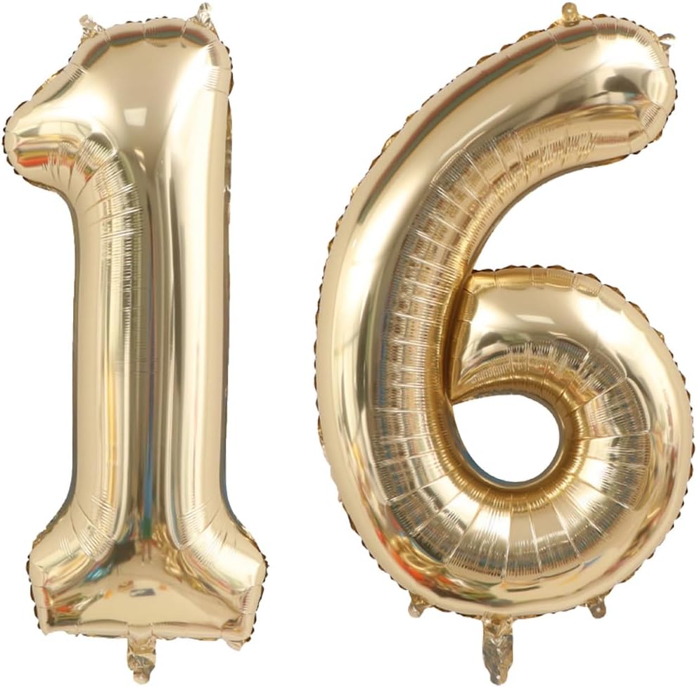 Amazon.com: 40 Inch Light Gold 16 Number Balloons White Gold Giant 16 ...