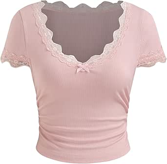 CIDER Crop Tops for Women Summer Lace Trim Bowknot Ruched V Neck Short ...