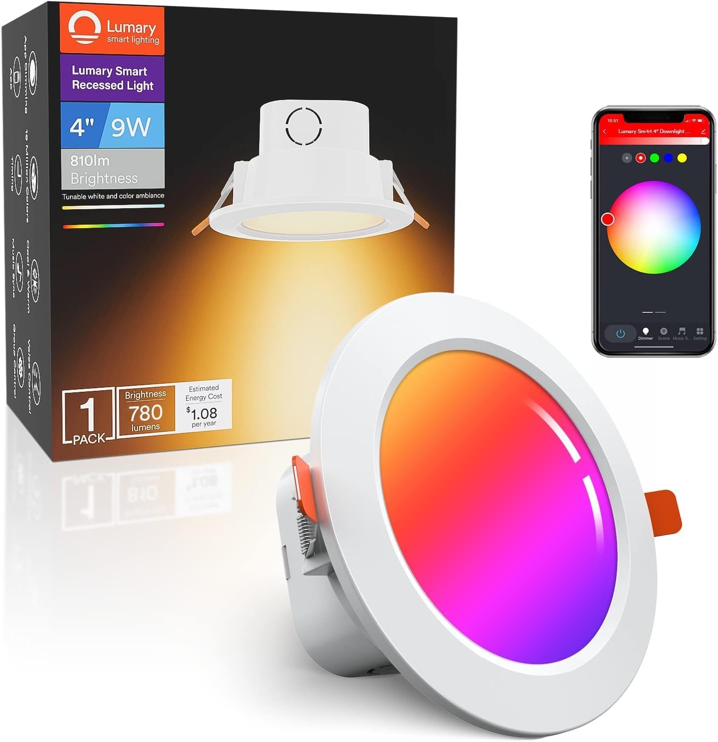 Lumary Integrated Smart Recessed Lighting 4 Inch with Junction Box 9W ...