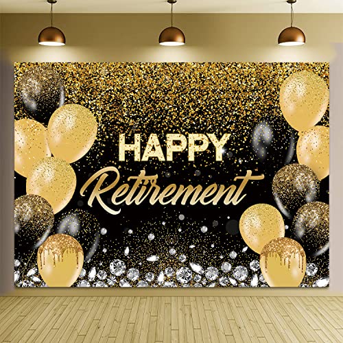 Happy Retirement Backdrop Black and Gold Glitter Balloon Retirement ...