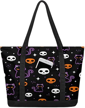 Amazon.com: RIRIX Halloween Skull Black CatCanvas Tote Handbag Tote ...