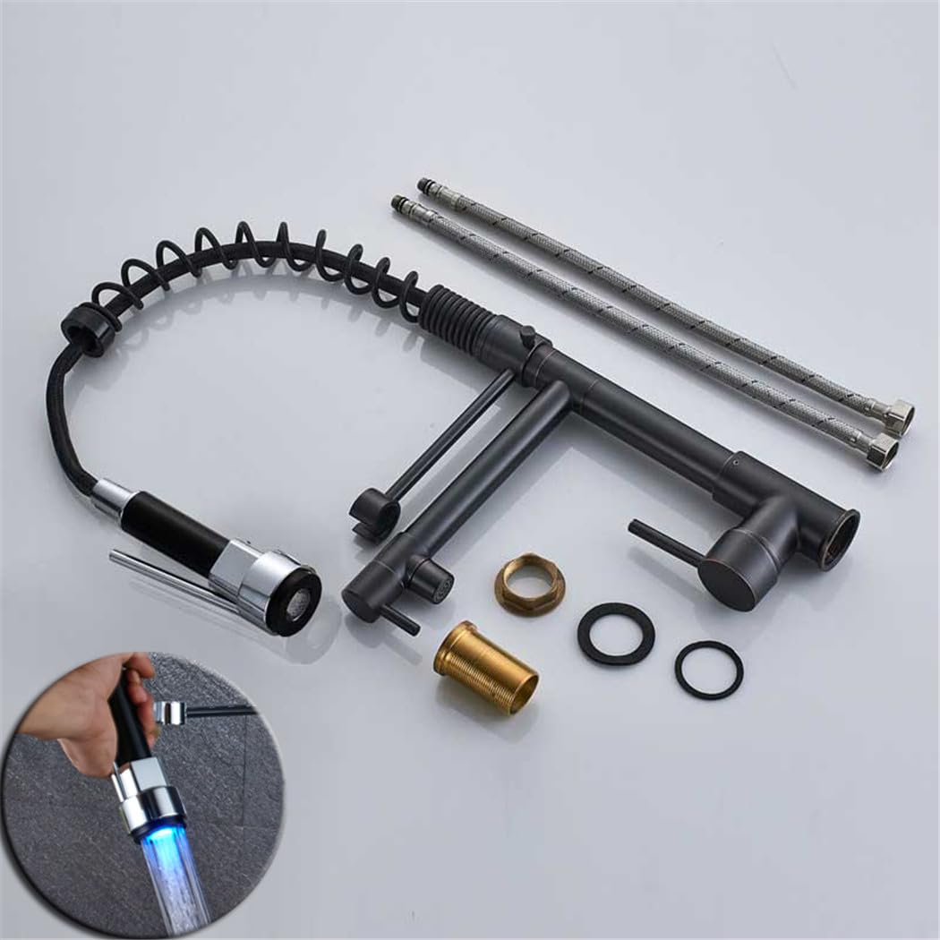 LED Light Black Bronze Dual Spout Kitchen Faucet Single Handle Spring ...