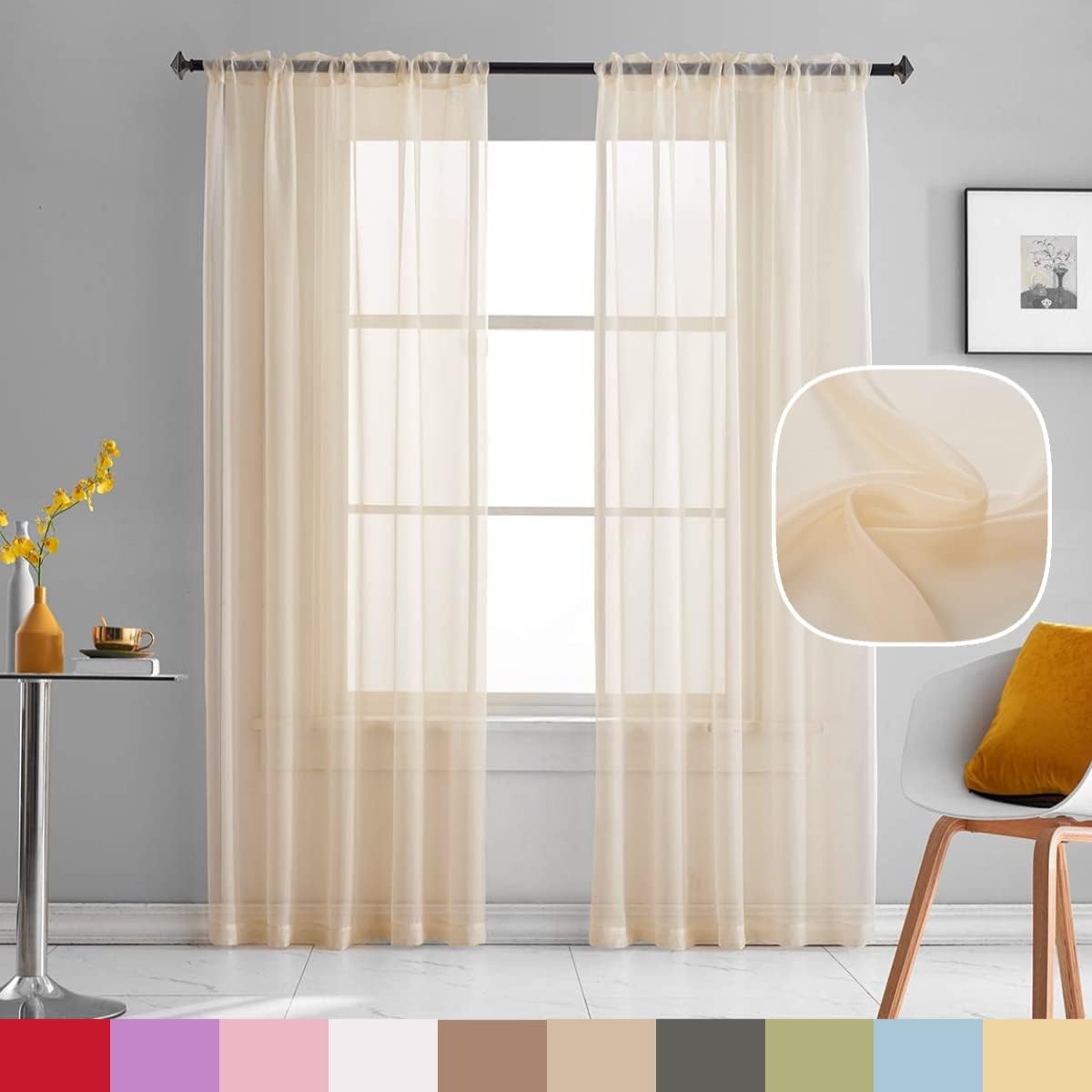 Amazon.com: TOAVA DECO Beige Sheer Curtains 84 Inches Long 2 Panels ...