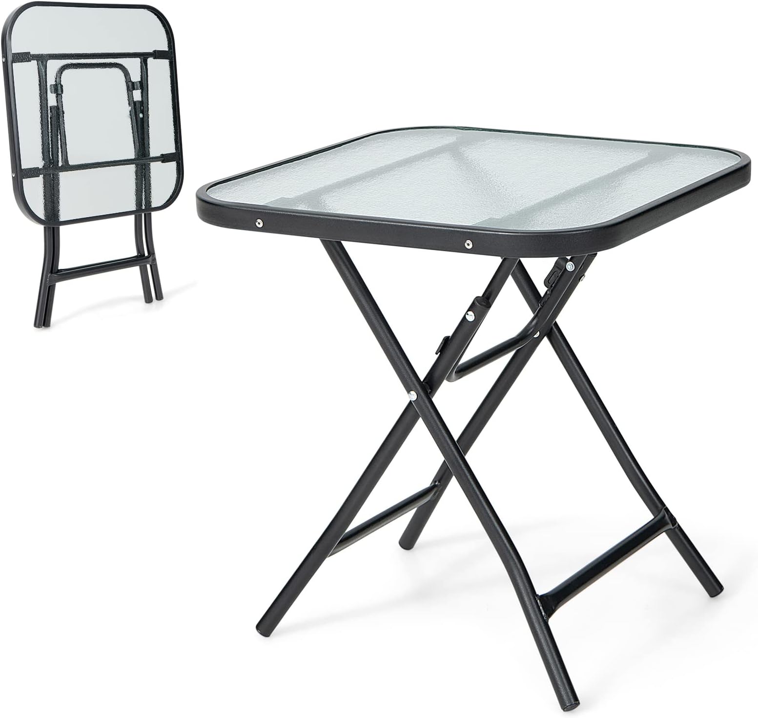 COSTWAY 59cm Folding Garden Side Table, Tempered Glass Top Small Patio ...