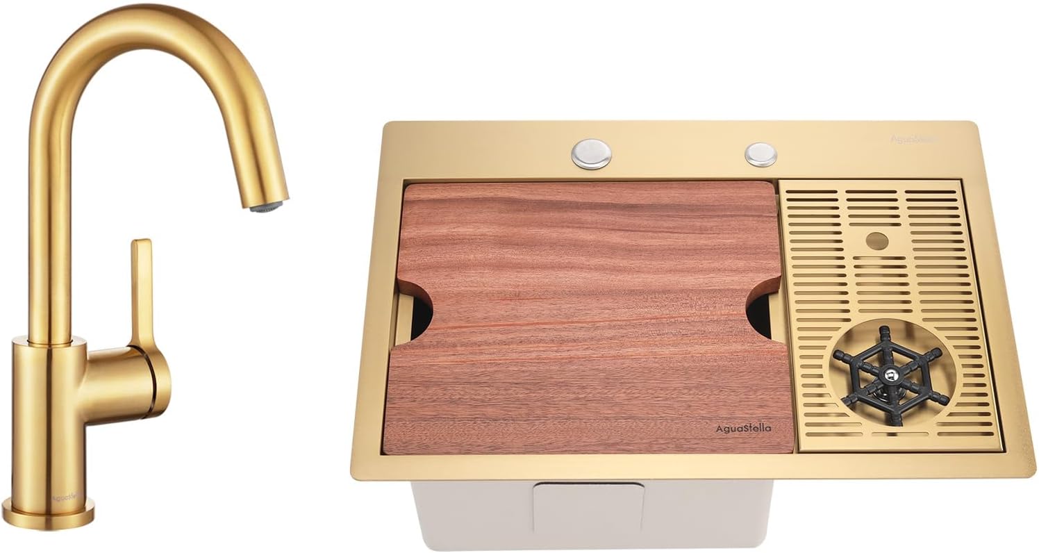 AguaStella AS15TXG Brushed Gold Bar Sink with Glass Riner and AS1010BG ...