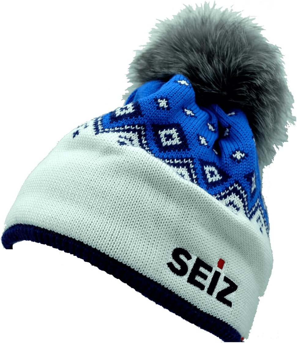 GCOM360 Mütze Seiz Blau-Weiss mit Flauschbommel : Amazon.de: Fashion