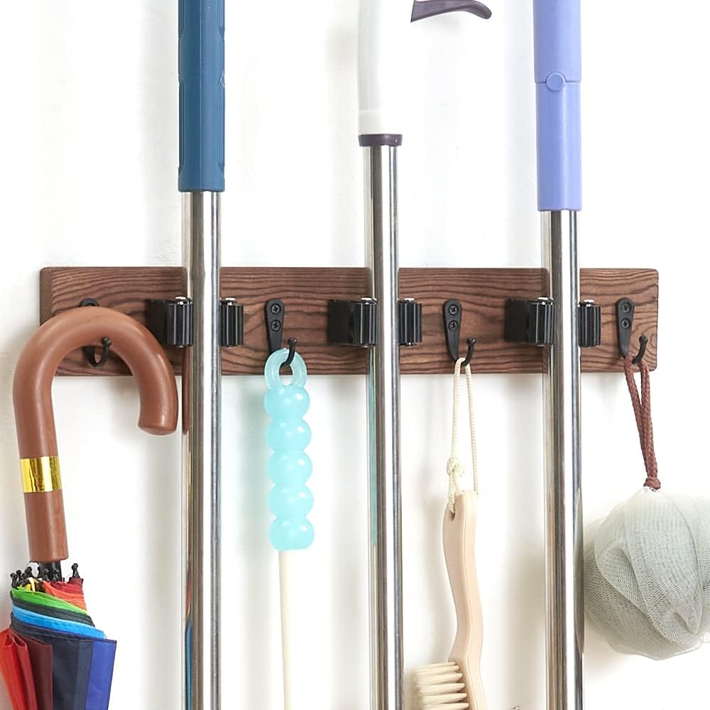 Amazon.com: Mop and Broom Holder Wall Mount,3 Racks 4 Hooks Solid Wood ...