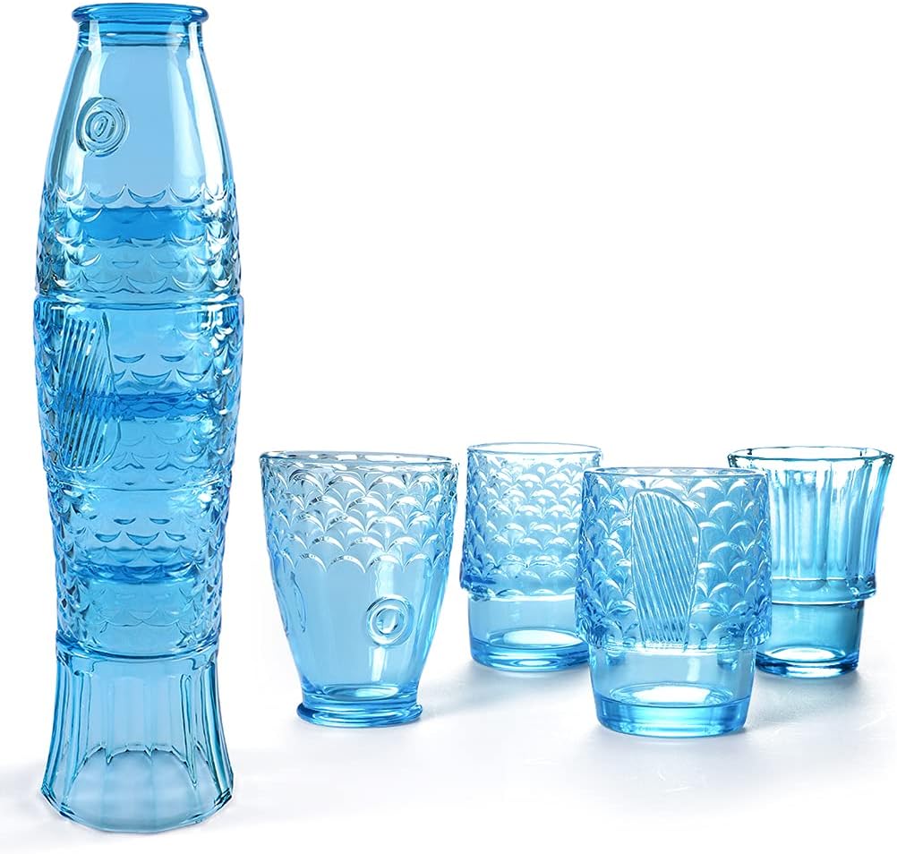 MDLUU 4 Pcs Stackable Drinking Glasses, Embossed Glass Tumblers, Fish ...