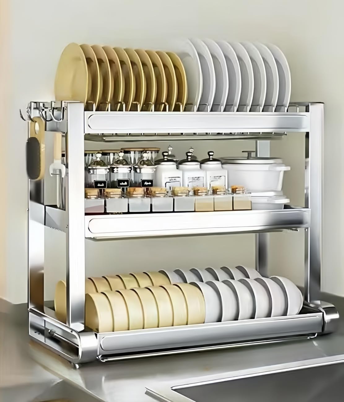 Amazon｜304ステンレス製 水切りラック 2/3段式 食器 水切りかご ディッシュラック 水切りかご キッチン収納ラック 大容量 包丁スタンド まな板ラック 箸立て付き 滑り止め ...