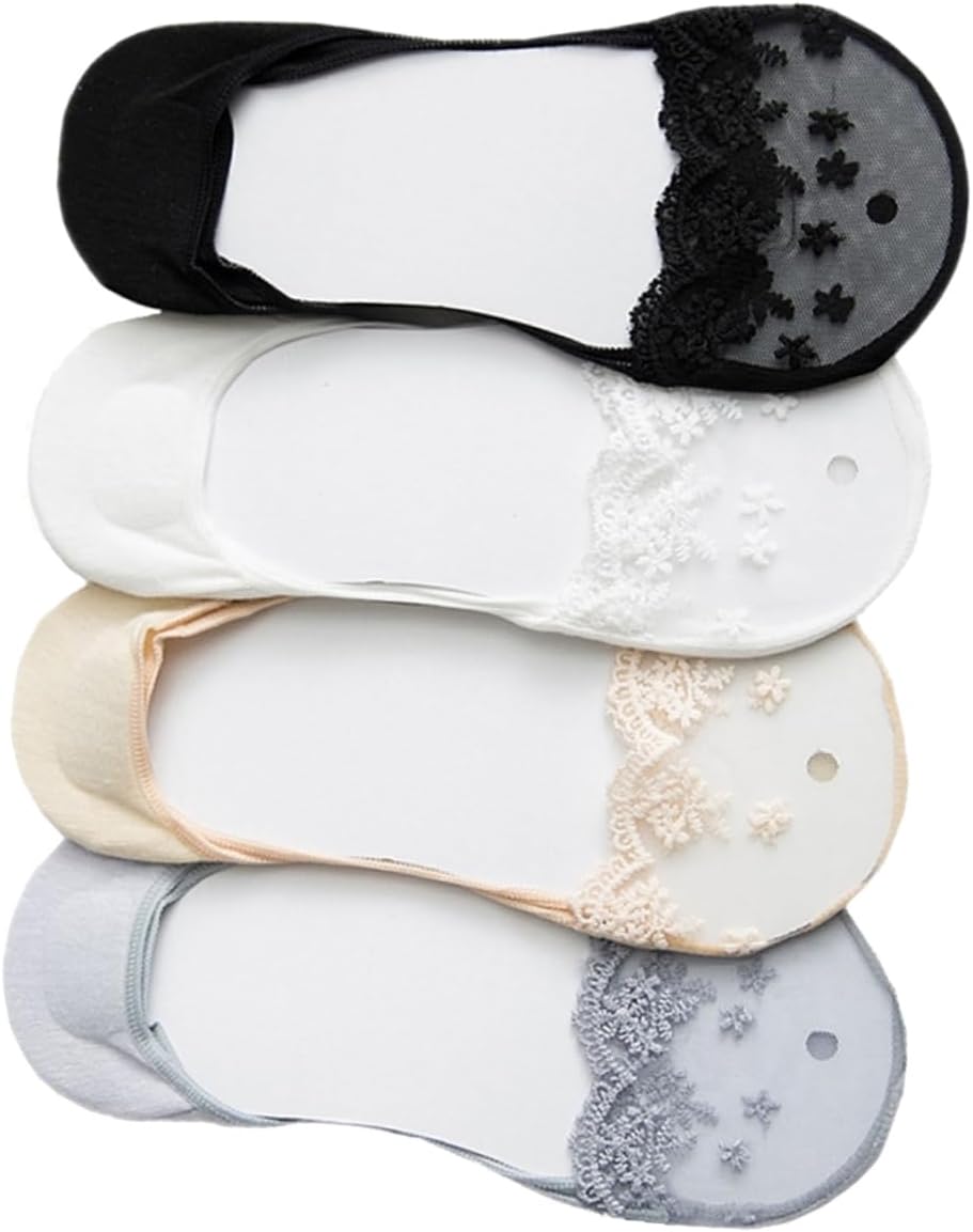 TOVINANNA 4 Pairs Women Invisible Lace Cotton No Show Socks Shallow ...