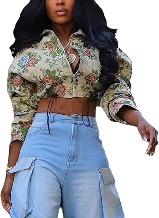 Amazon.com: RISCUYY Cropped Bomber Jacket Women Floral Jacquard Long ...