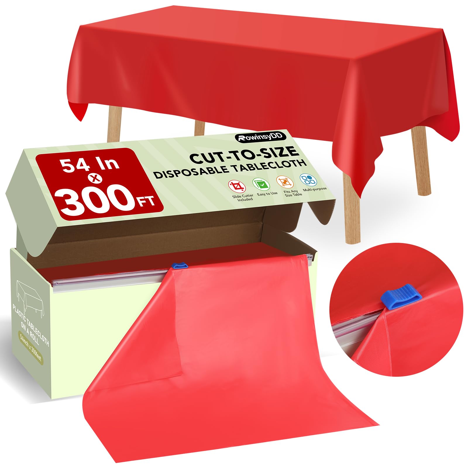 54 in X 100 FT Red Plastic Table Cover Roll with Slide Cutter Cuts Up ...