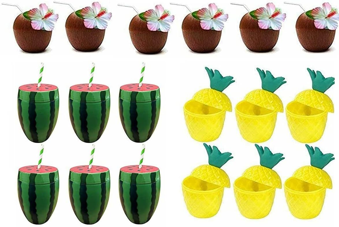 12 x Coconut Cups with Paper Straws - Reusable Plastic 18oz Hawaiian ...