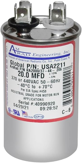 Amazon.com: AMRAD ENGINEERING USA2211 Round Motor Run Capacitor, 20 MFD ...