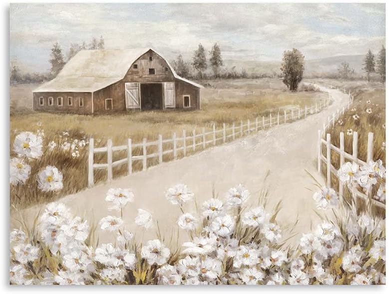 Amazon.com: ForJoy Barn Painting Barn and White Flowers Wall Decor ...