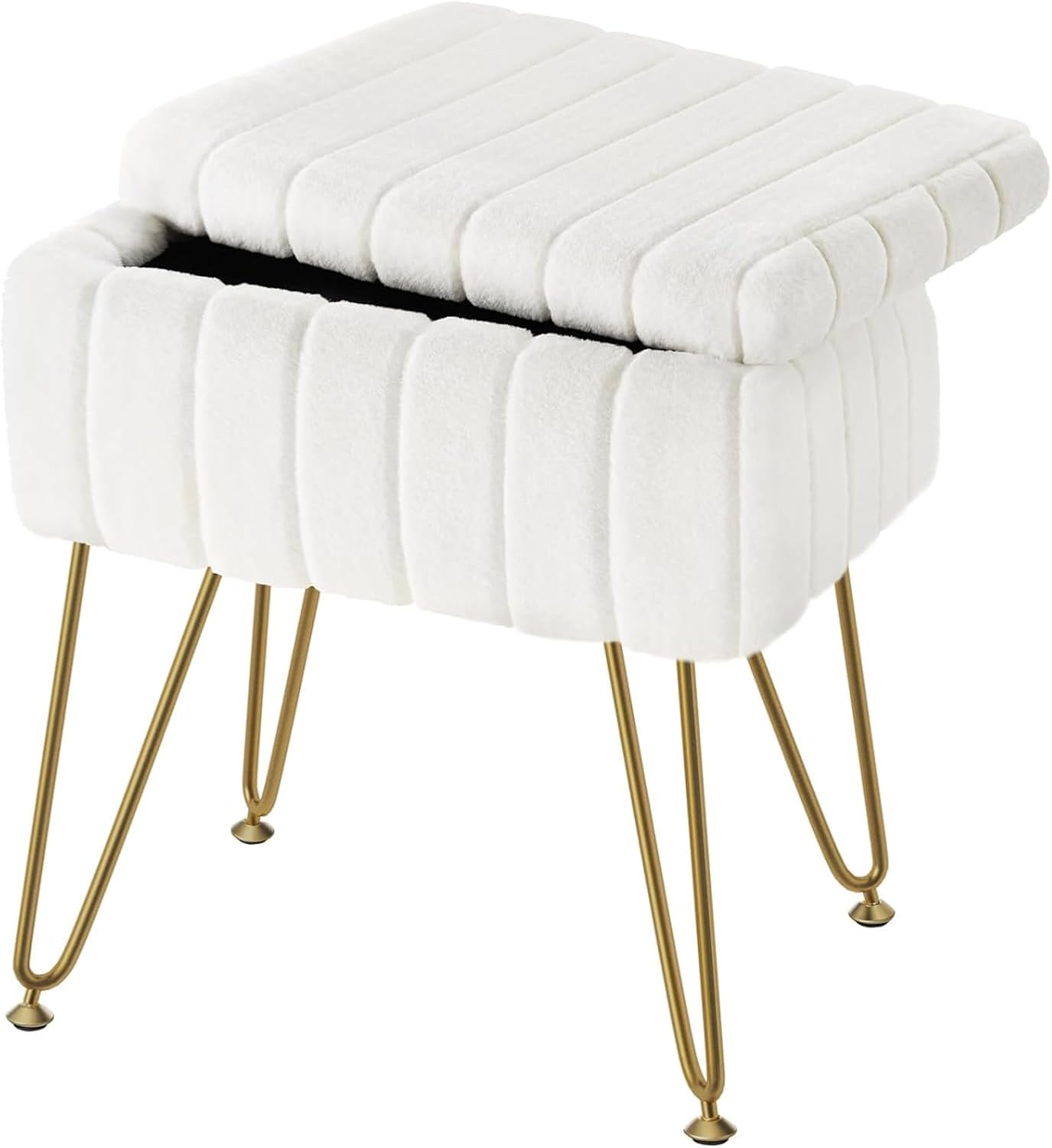 White Vanity Stool Chair, Faux Fur with Storage Vanity Stool with 4 ...